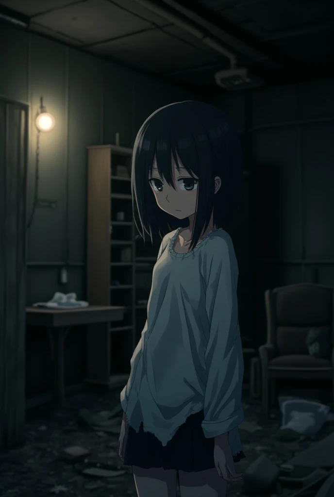 anime girl in the basement wearing a tattered shirt - SeaArt AI