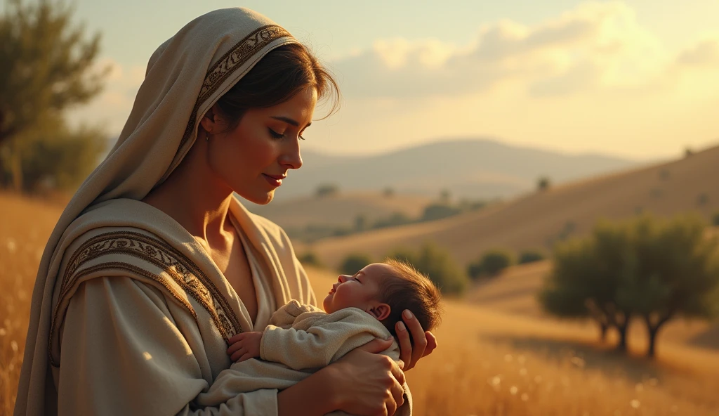 Create a biblical image of Sarah holding baby Isaac in her arms - SeaArt AI
