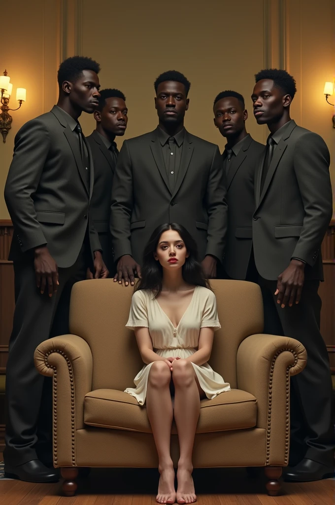 A white girl sitting in sofa and 5 black man steering to her - SeaArt AI