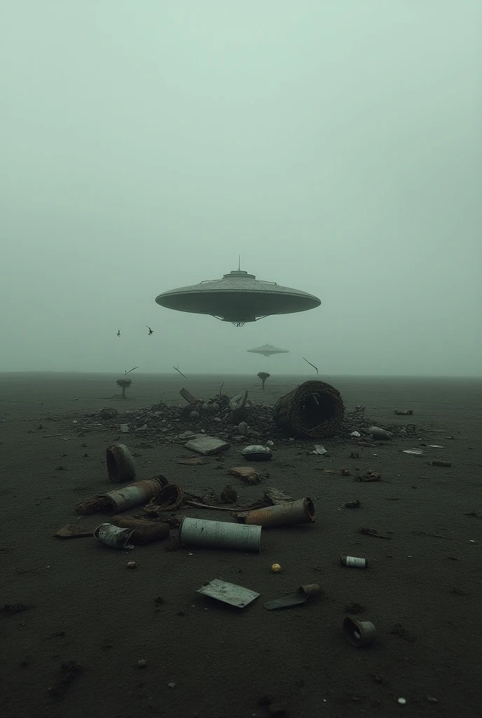 “A deserted open field with scattered metallic debris, representing the ...