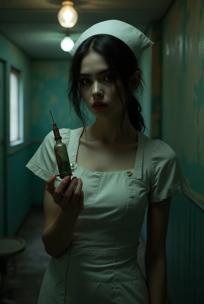 Beautiful woman in a scary worn-out nurse outfit, she looks menacingly ...