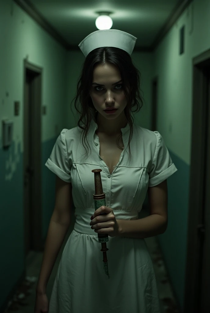 Beautiful woman in a scary worn-out nurse outfit, she looks menacingly ...