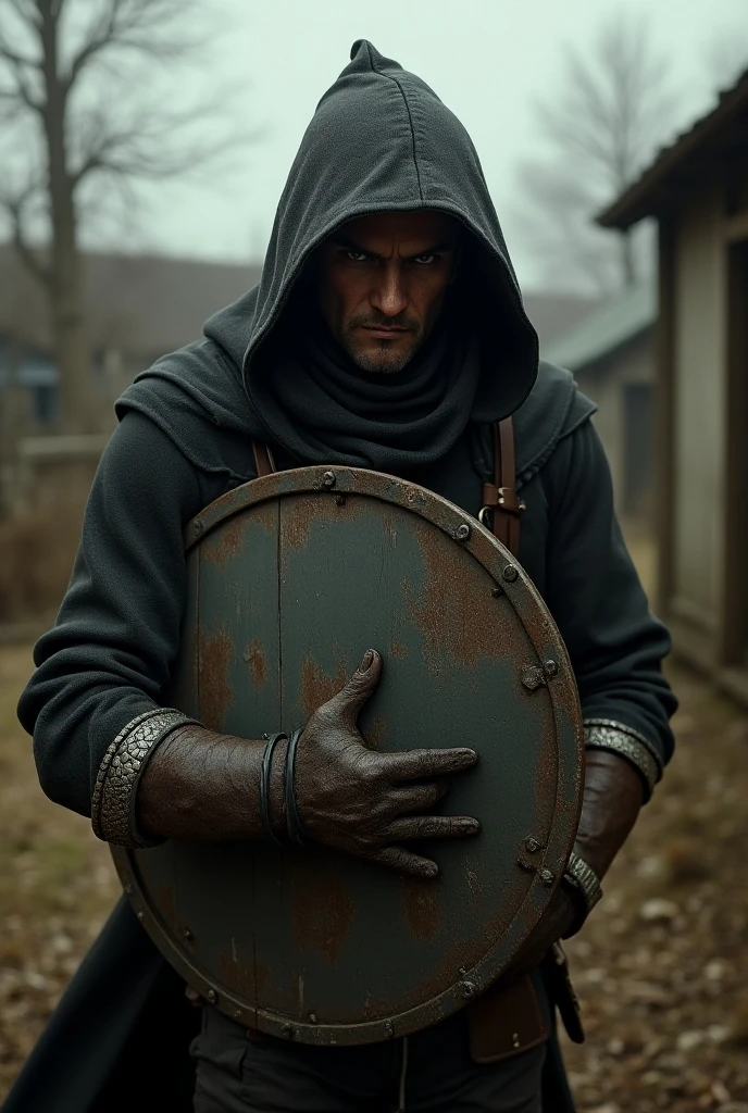 A stinky thief holding a medieval shield inside a farm - SeaArt AI