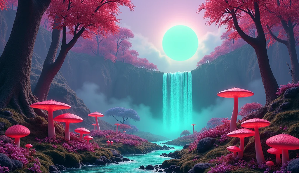 Create an enchanted landscape full of alien plants, strangely shaped ...