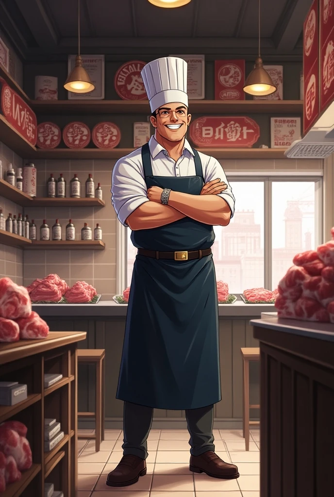 The band of A somewhat chic butcher shop, commanded by a sturdy man ...