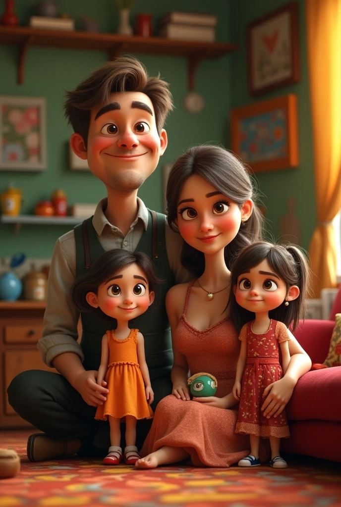 Take a portrait photo of a Pixar family with 5 characters: the father ...