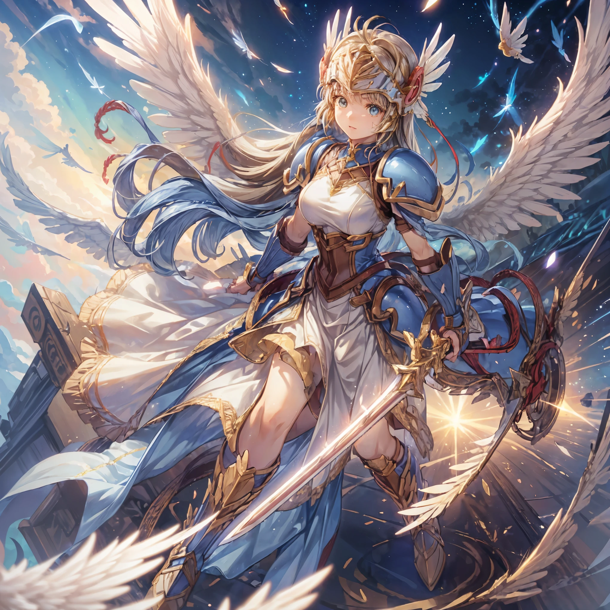 A woman with wings and armor holding a sword in her hands - SeaArt AI