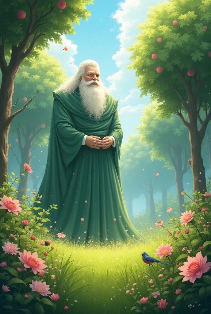 Create me an image with a giant person in a large garden, beautiful ...