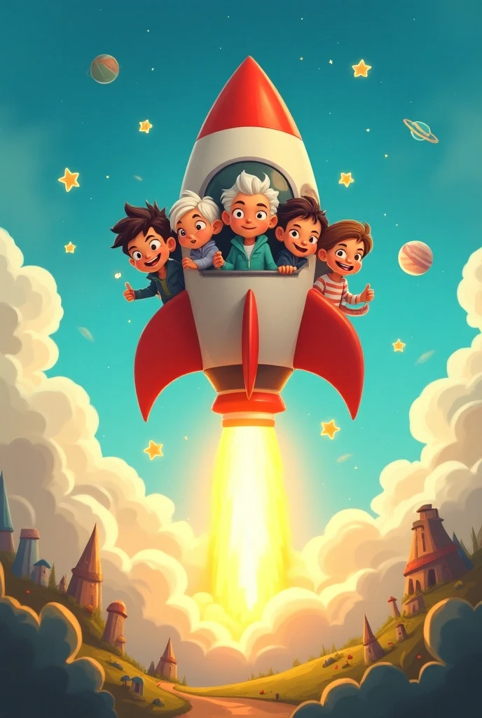 A rocket in a cartoon taking off with 5 people riding on it - SeaArt AI