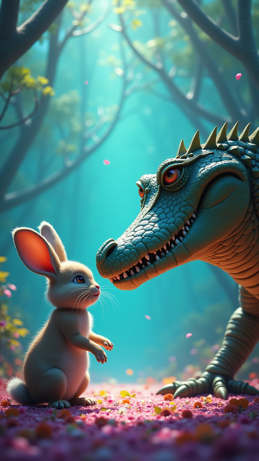 A rabbit and crocodile looking at each other, colorful background ...