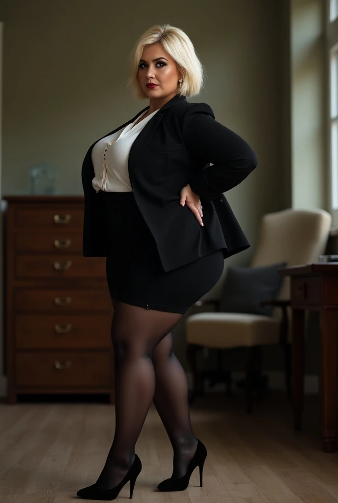 Make a mature woman in a crouching position modeling and turning her ...