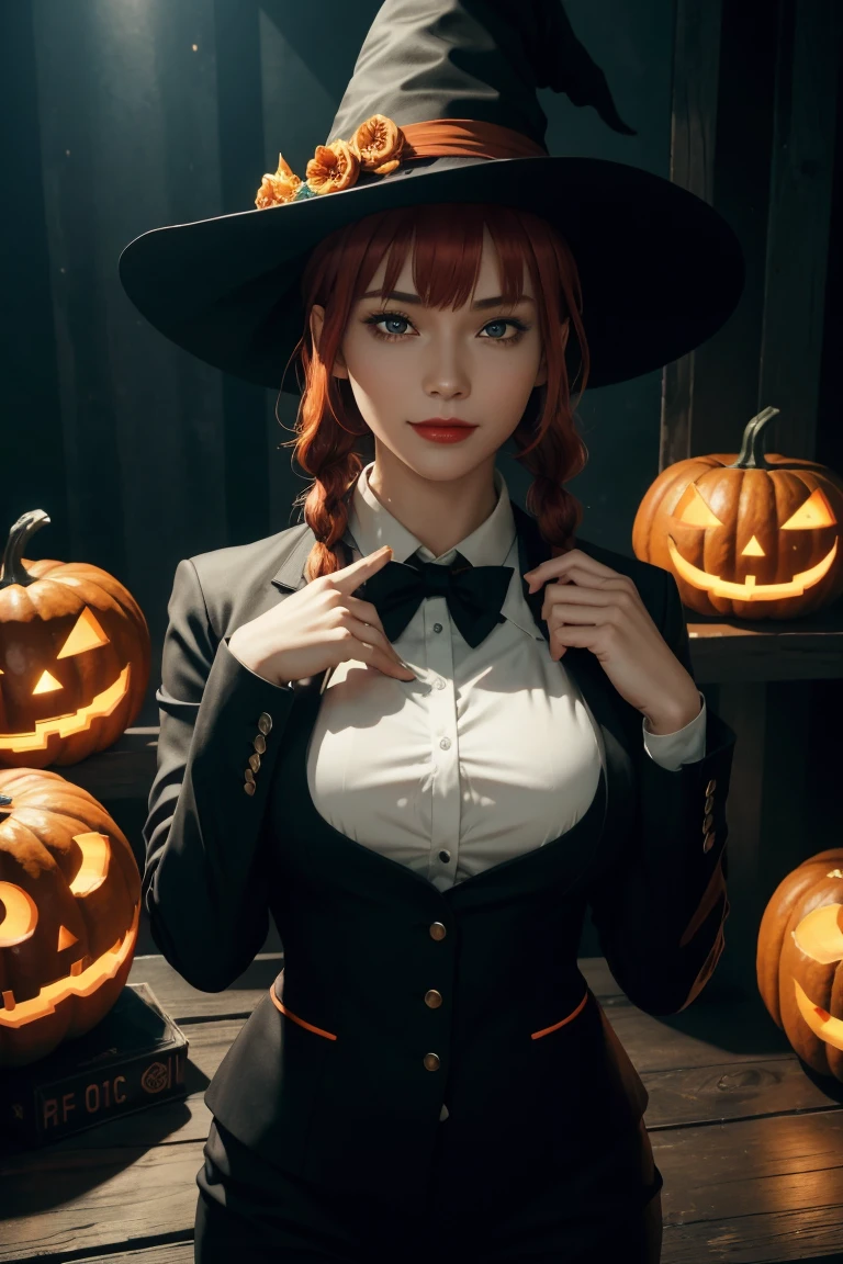 Makima,With bangs,Red Hair,Braids at the back,White Shirt,Black tie ...