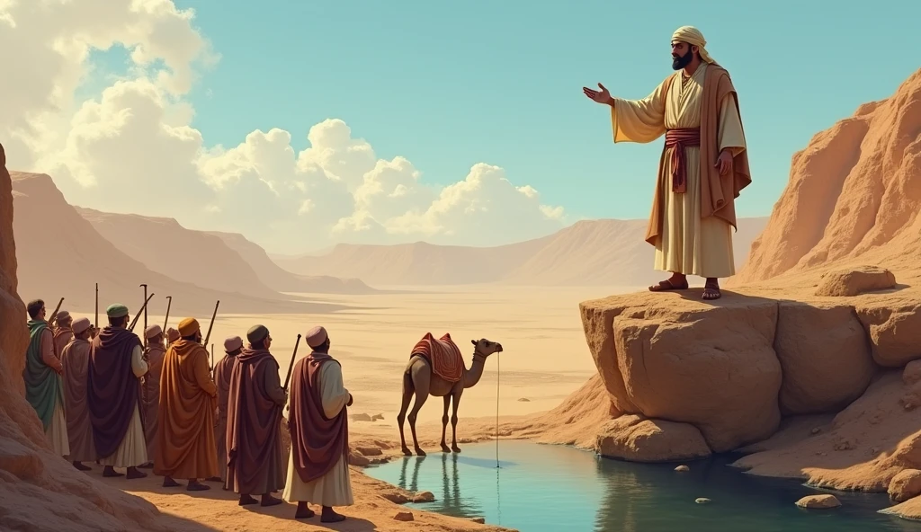 Prophet Saleh stands atop a large rock, pointing toward the she - SeaArt AI