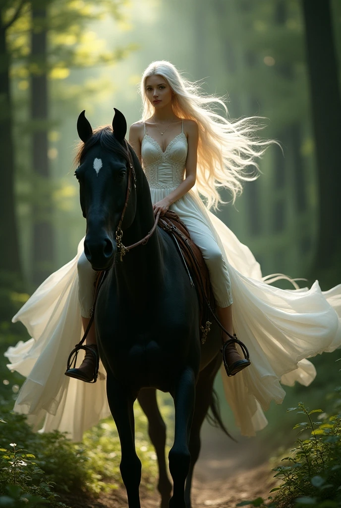 Elf woman, white hair , white dress , riding a black horse in a forest ...