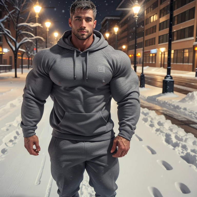 A very handsome, muscular, wearing a gray sweatshirt, on a snowy ...
