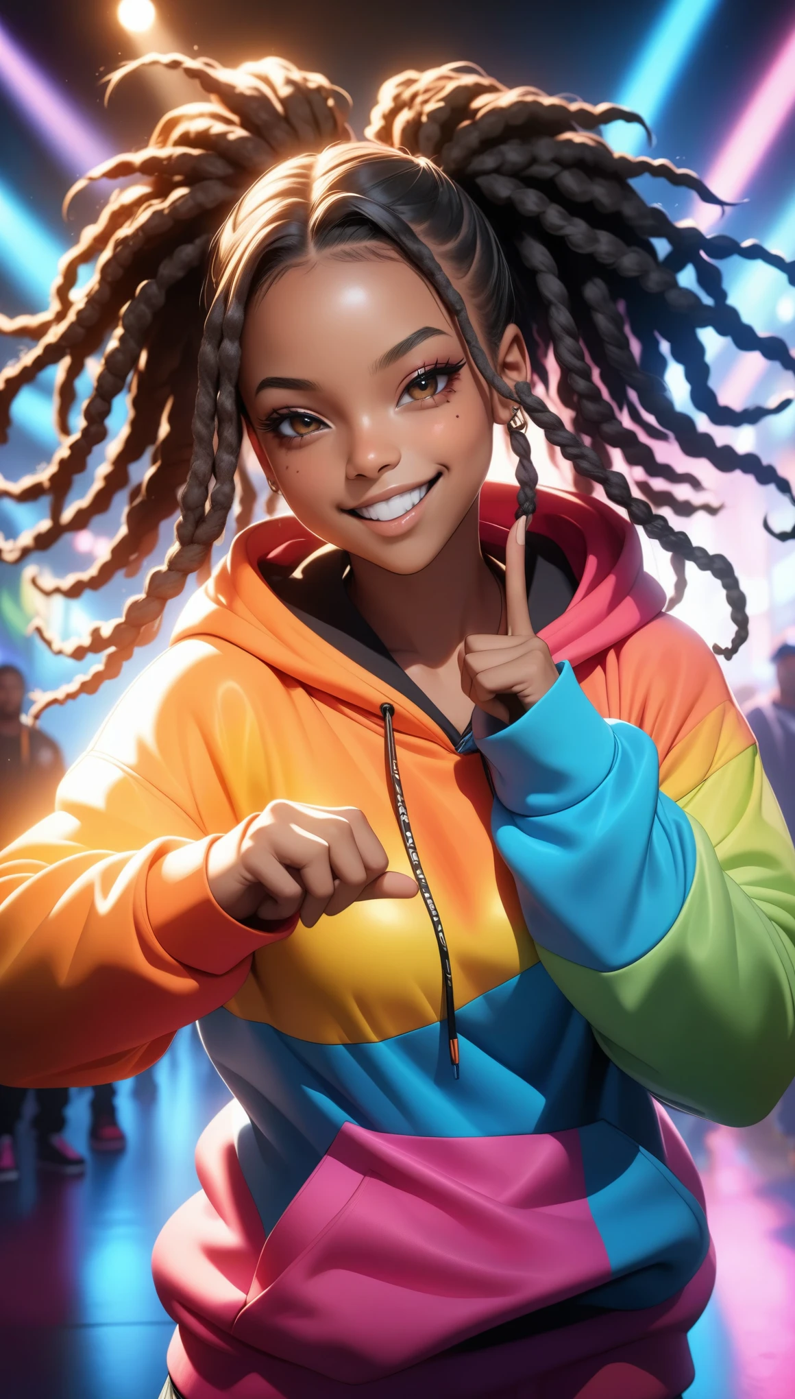 A beautiful young black girl with dreadlocks, fingersmile, colorful ...