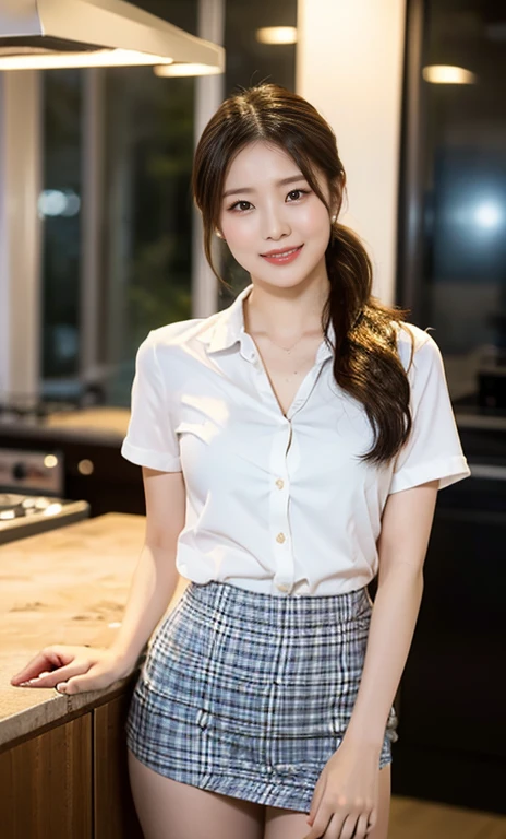 (A stunning Korean lady at night, kitchen, wearing a white short ...