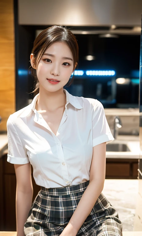 (A stunning Korean lady at night, kitchen, wearing a white short - SeaArt AI