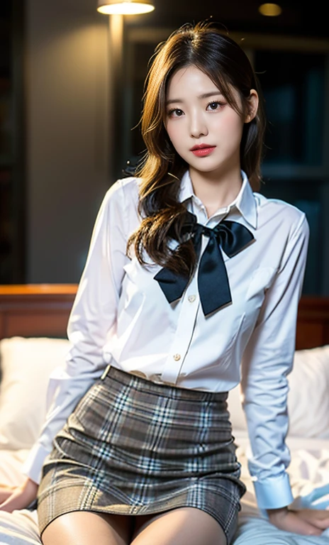 (A stunning Korean lady at night, bedroom, wearing a crisp white button ...