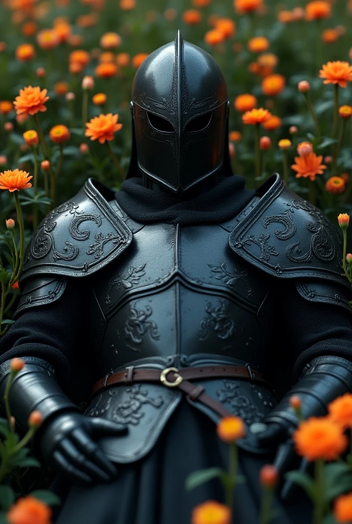 A knight lying on a field of flowers full dark fantasy style armor the ...