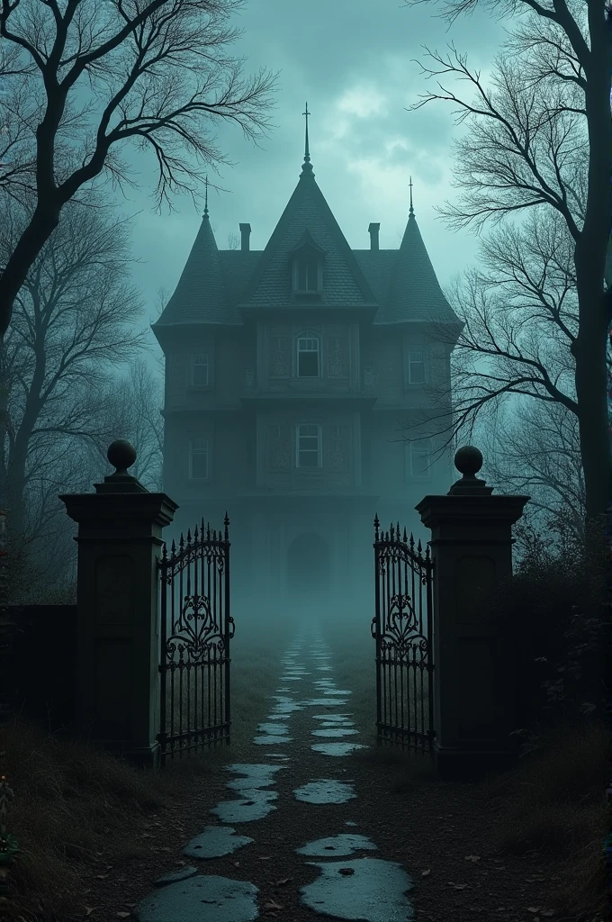 A desolate, ancient mansion deep in a dark, foggy forest. The sky is ...