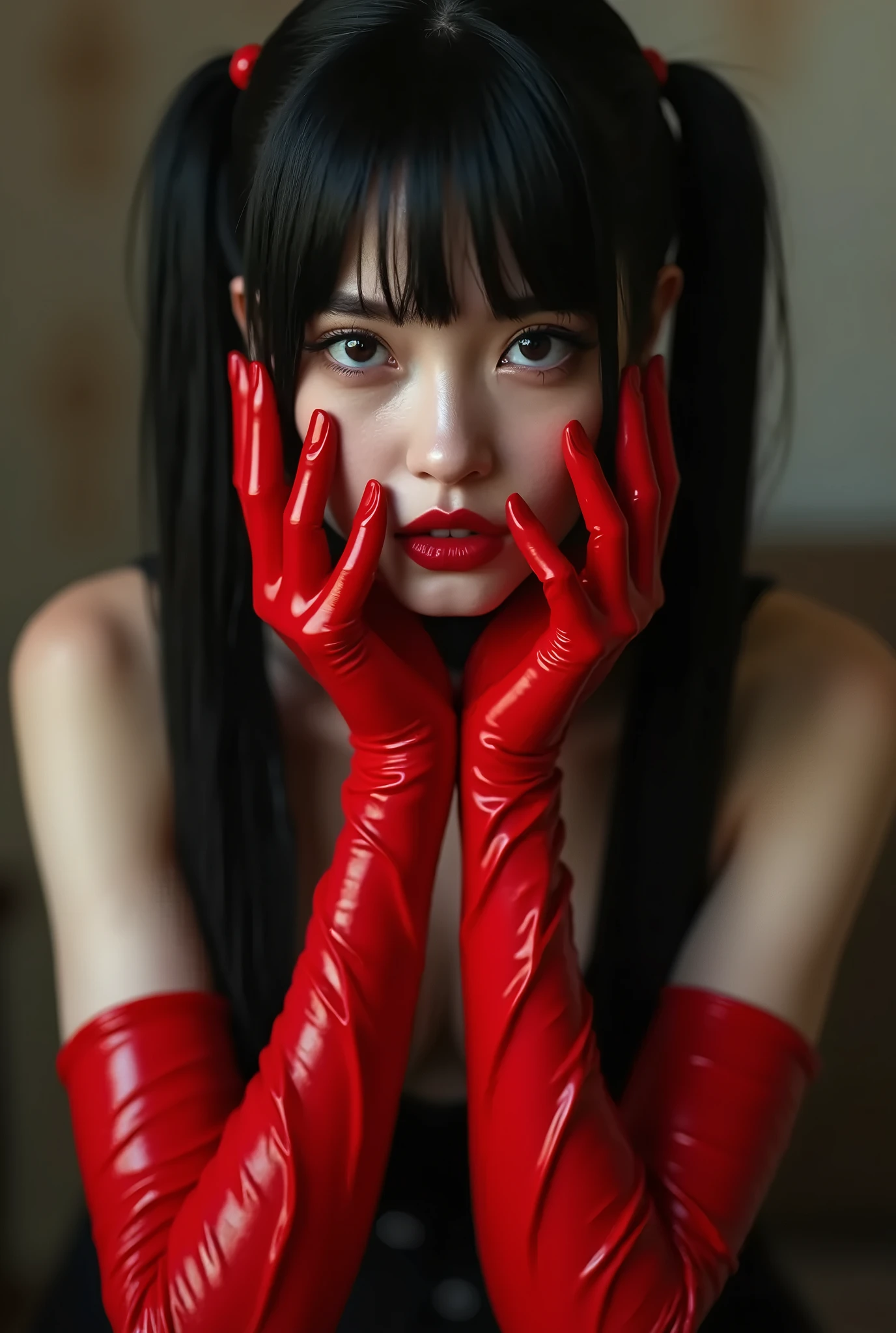 girl, WEARING long red latex gloves, gloves that go up to the shoulders - SeaArt AI