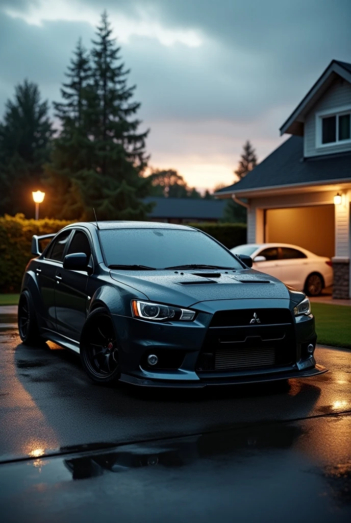 A highly detailed, cinematic photo of a modified Mitsubishi Lancer ...