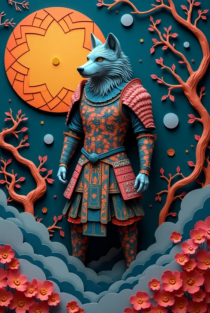 (Wolf Samurai, Alphonse Mucha's Psychedelic Art, Papercutting - SeaArt AI