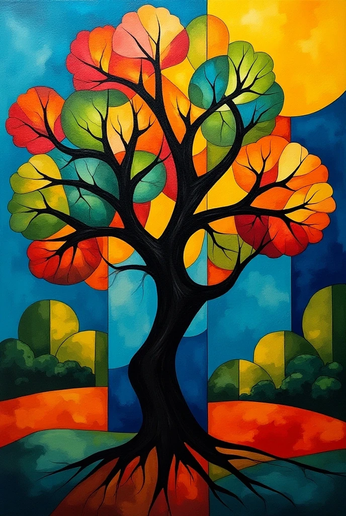Picasso style cubist tree, vibrantly colored , lush, geometrized ...