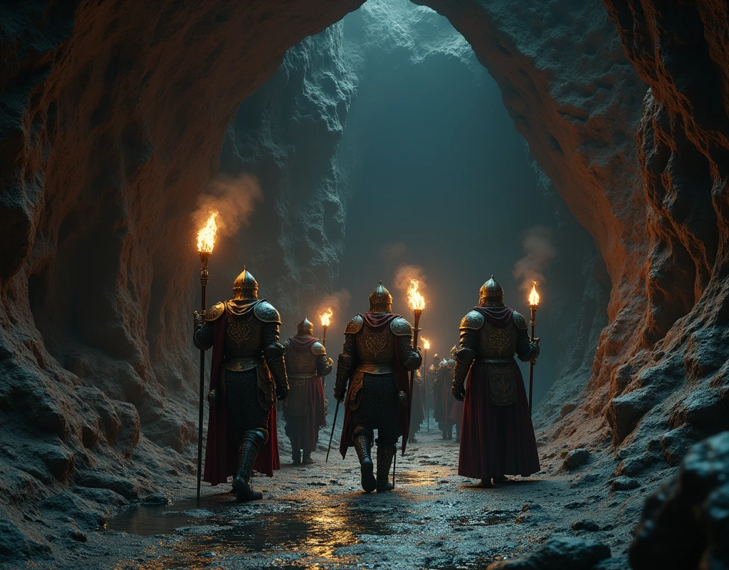 кадр photorealism, several different knights , raising their torches ...