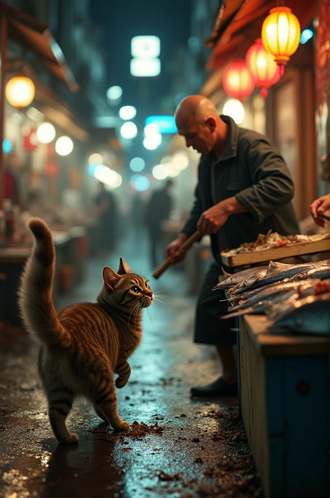Cinematic still of Behind the cat who steals fish from the fish market ...