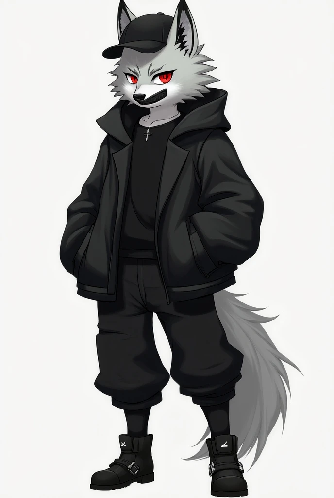 Create a humanized wolf with light and dark gray fur with black ...