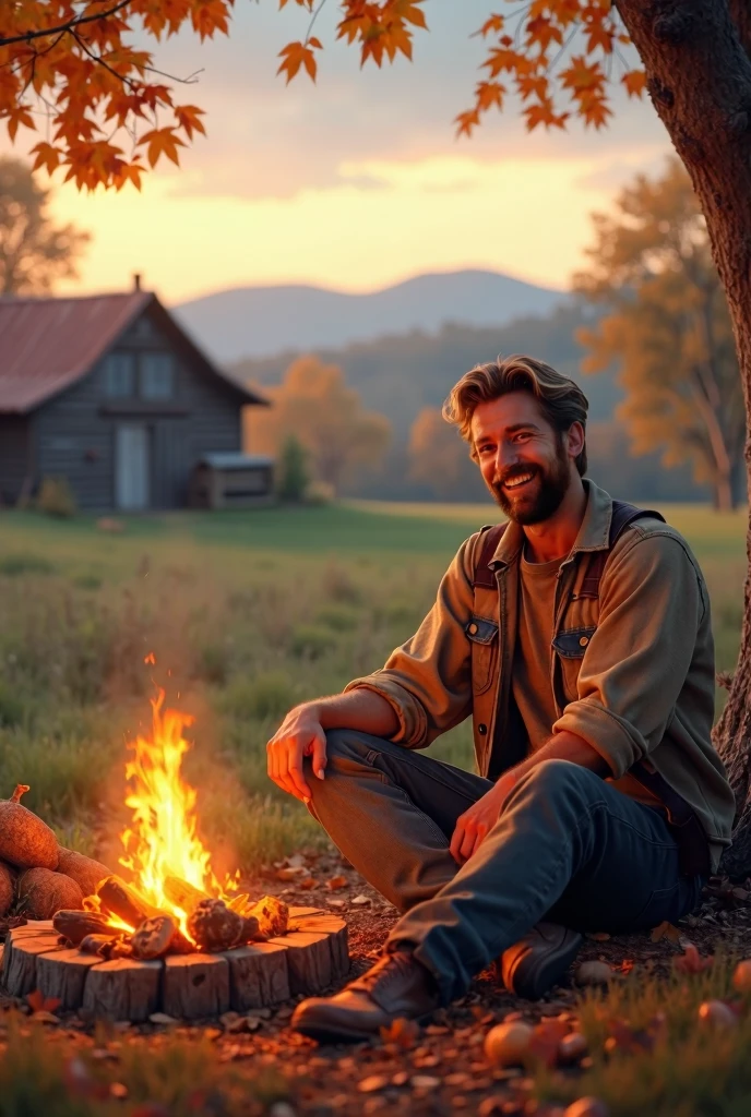 Dull autumn at the farm . Farmer sits by the campfire. happy smile ...