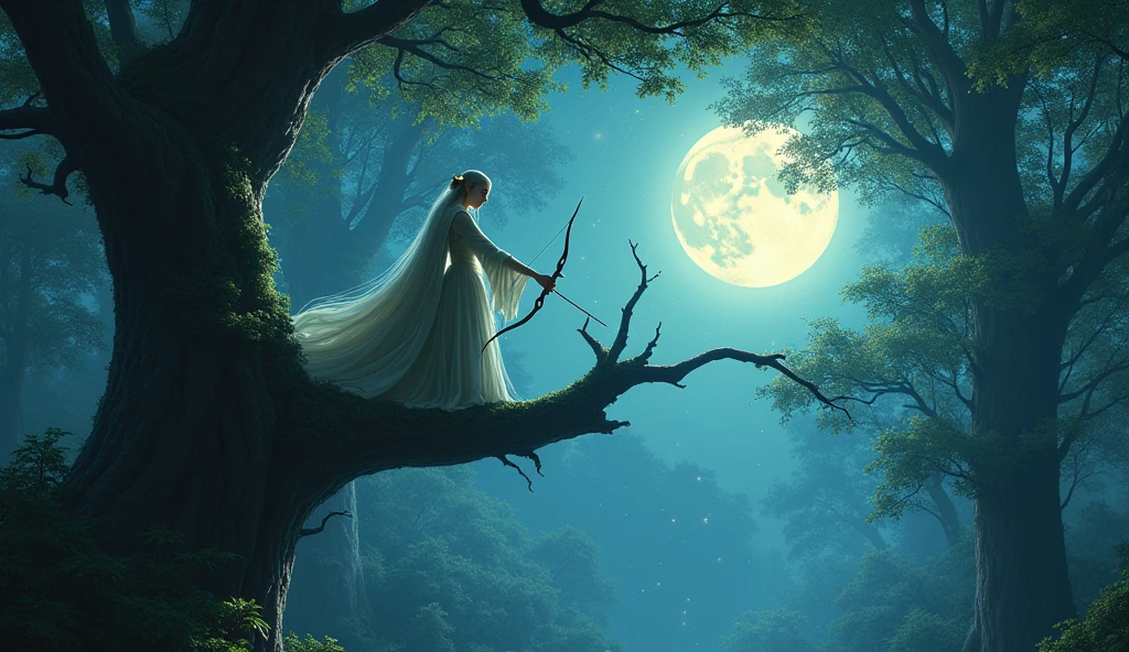 A magical, moonlit forest with towering trees whose leaves shimmer in ...
