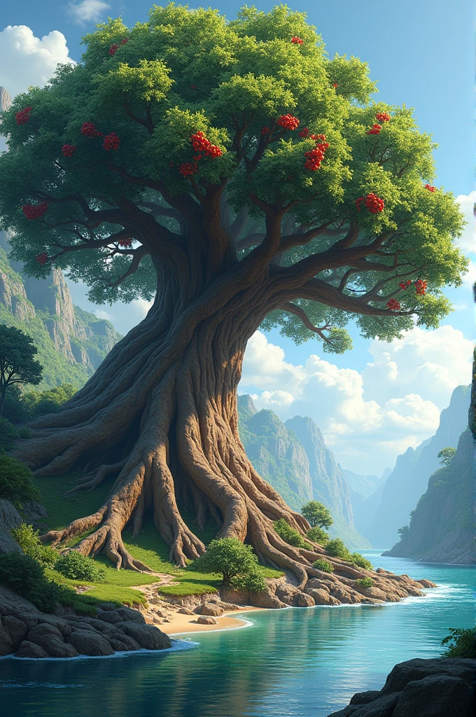 Impressive tree with red fruits, and strong roots , lie next to a river ...