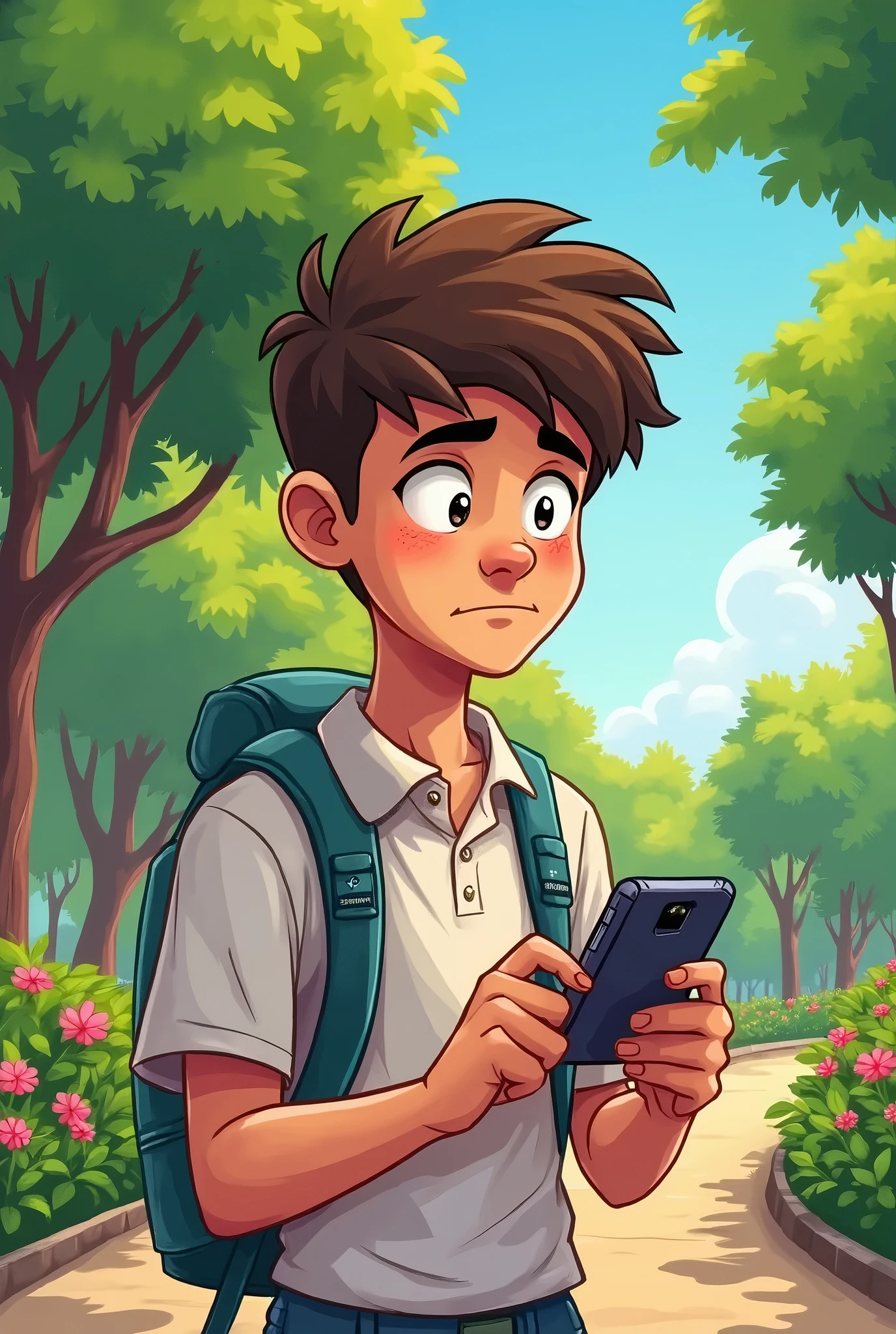 Barbie cartoon style, Alex, a young gamer male, in a park. He is ...