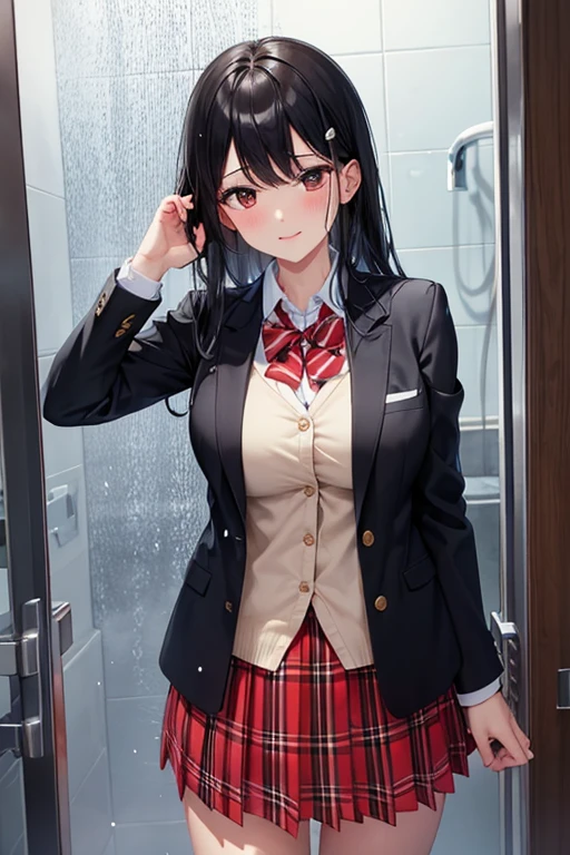Blazer, red check skirt,Shower,Get drenched from the rain ,Black Hair ...
