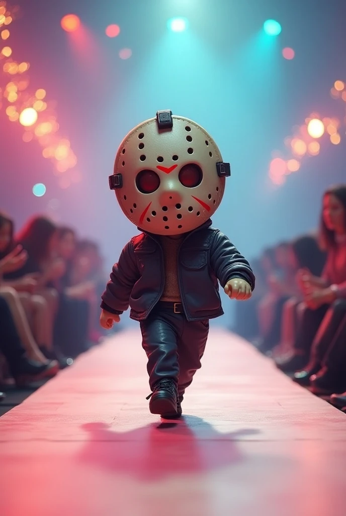Create Jason Voorhees but as a walking down a runway. Add a focus on ...