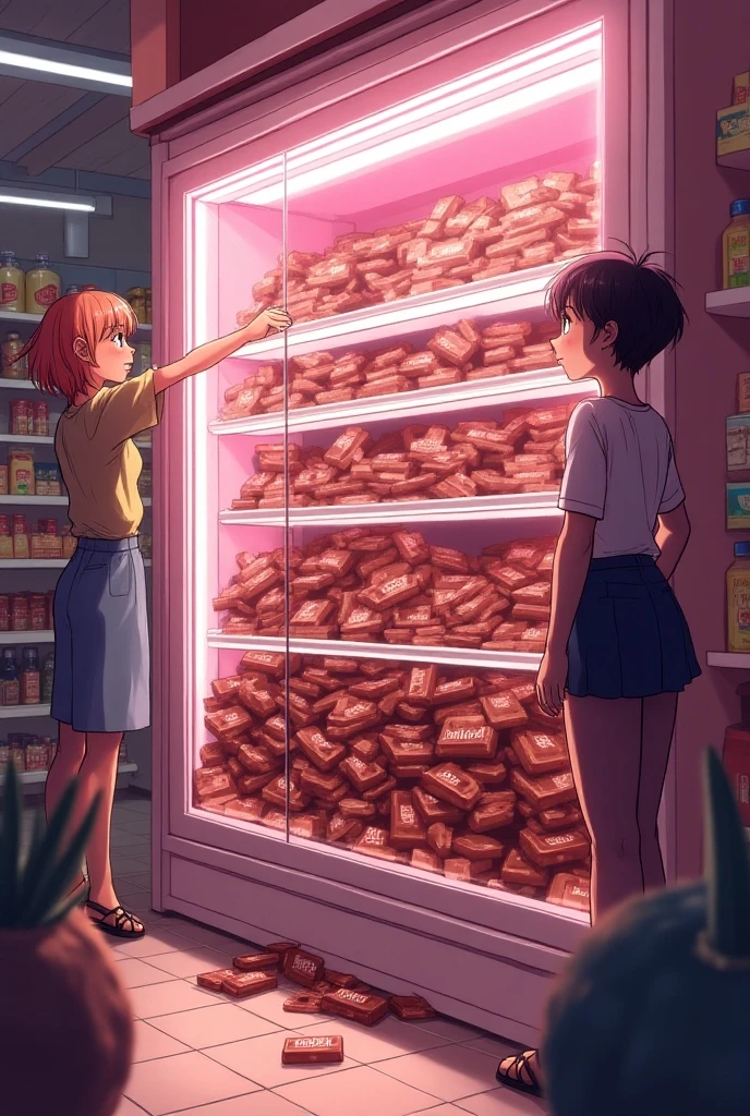 Fridge full of chocolate waja in the supermarket at night with pink ...