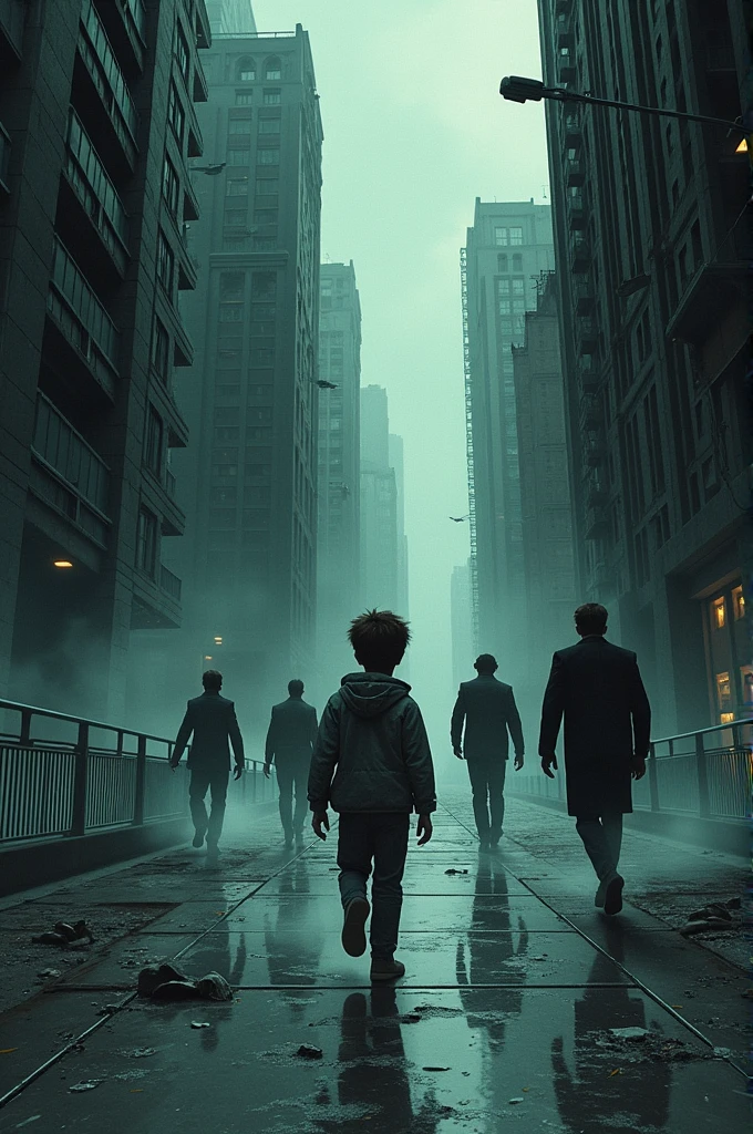 Make me a dystopia structured like a comic with 3 pictures in one ...