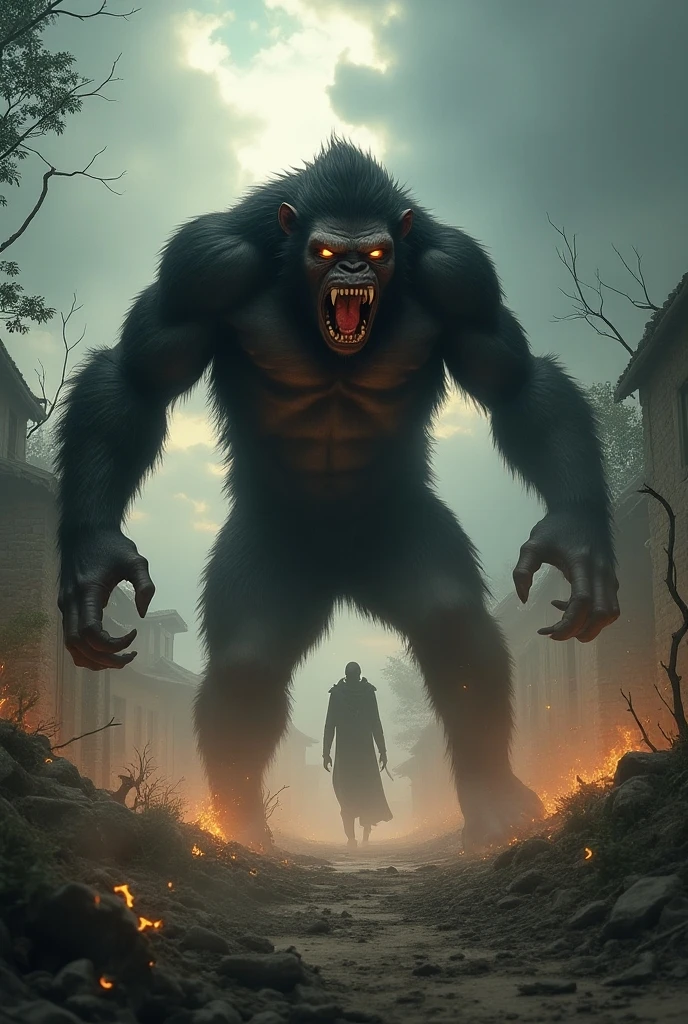 A young man, mid-transformation into a ferocious monkey, his body ...