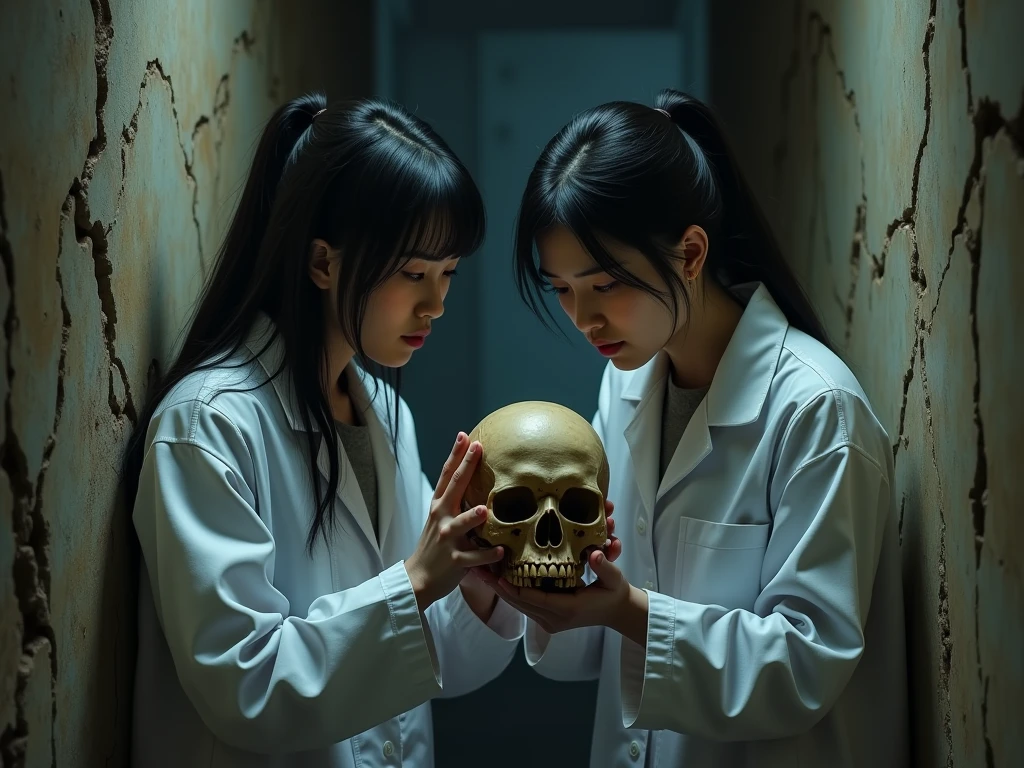 Two Asian women in lab coats holding a mummified skull in one hand - SeaArt AI
