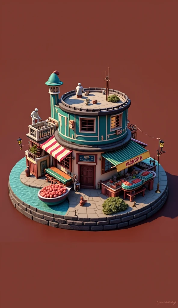 masterpiece , miniature circular fishmonger , with a sign in the shape ...