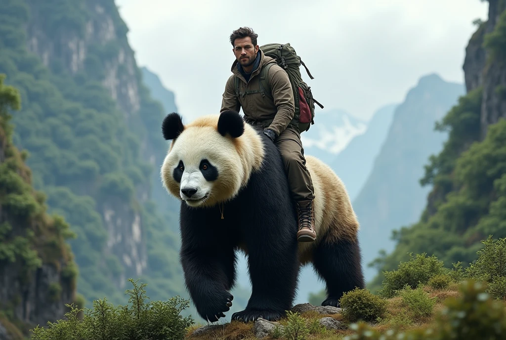 Man riding on a panda's back、Realistic - SeaArt AI