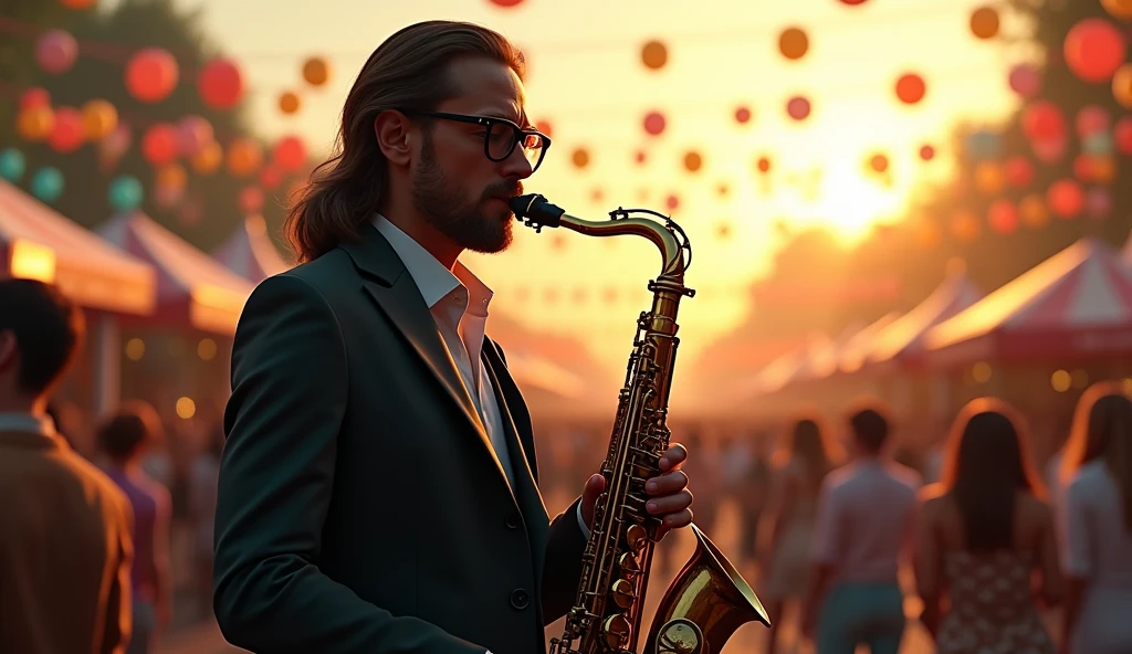 Man, long hair, elegant suit, black glasses, eyes closed as he plays ...