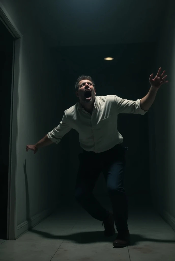 A wide shot of the man turning around in horror, his face twisted in ...