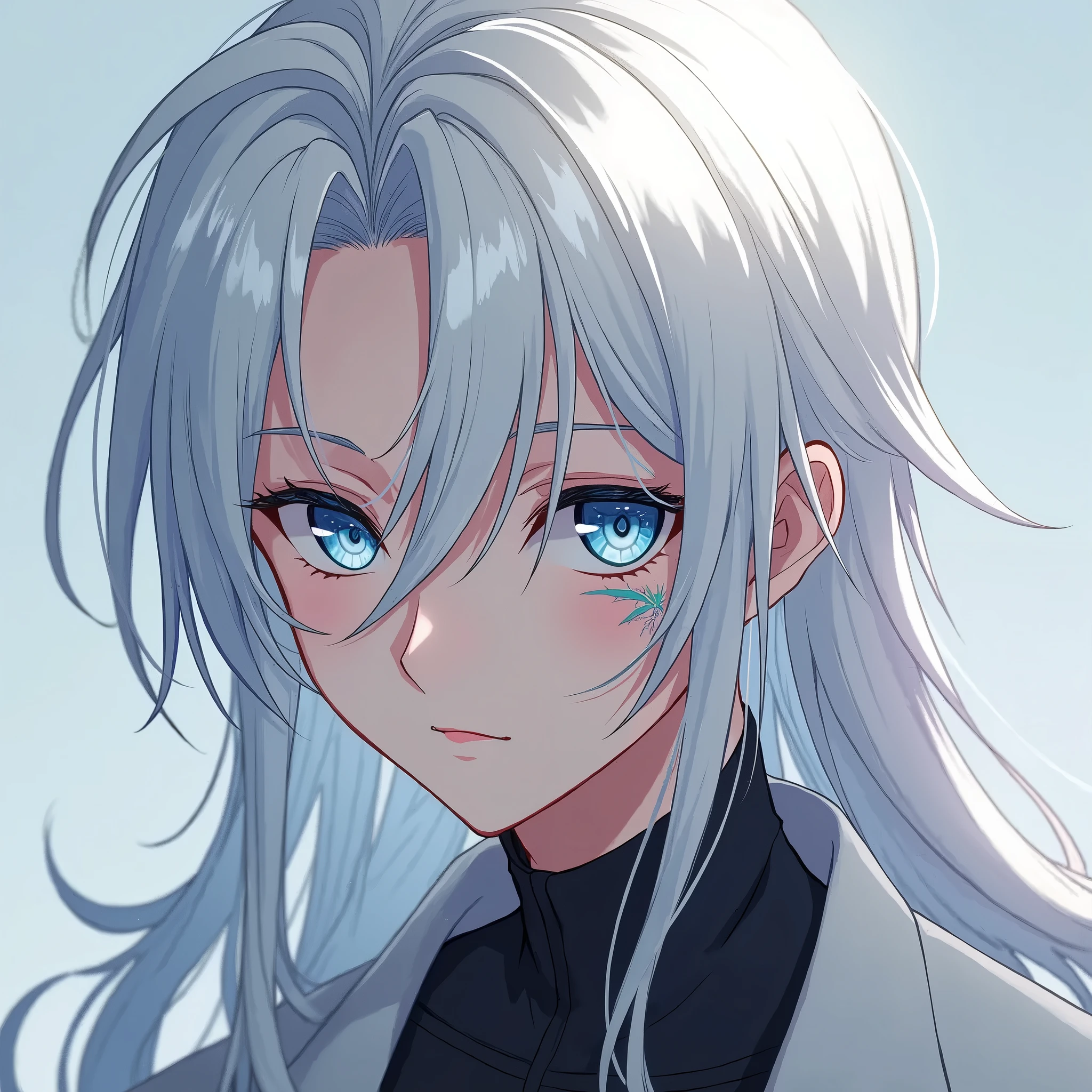 Anime guy, beautiful face, long white hair, blue eyes, has a scar on ...
