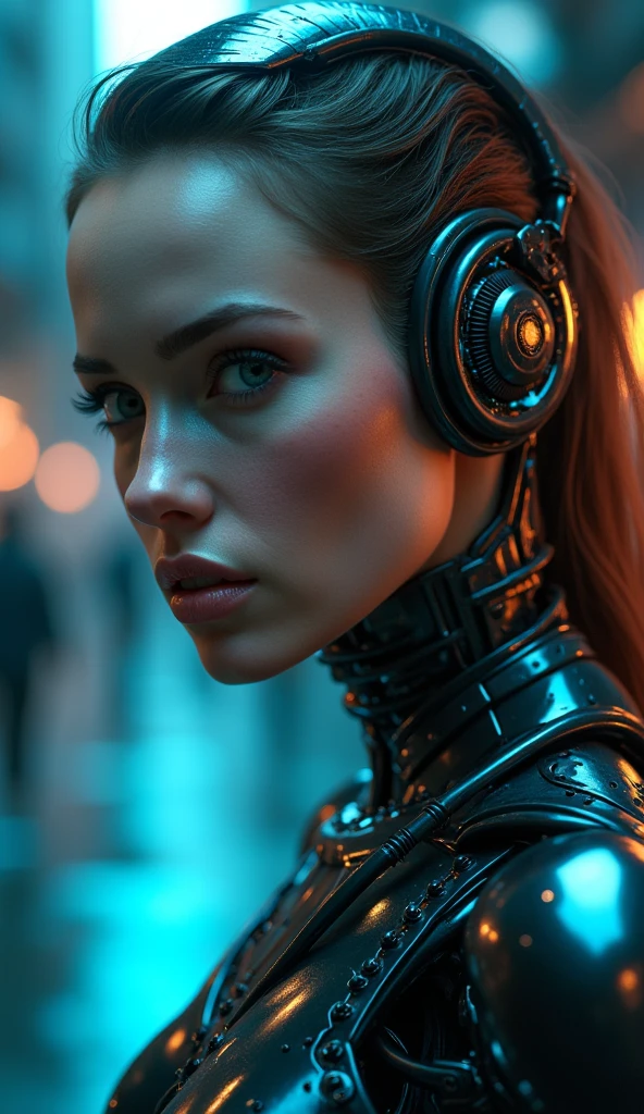 A cyborg android woman, detailed face and eyes, intricate mechanical ...