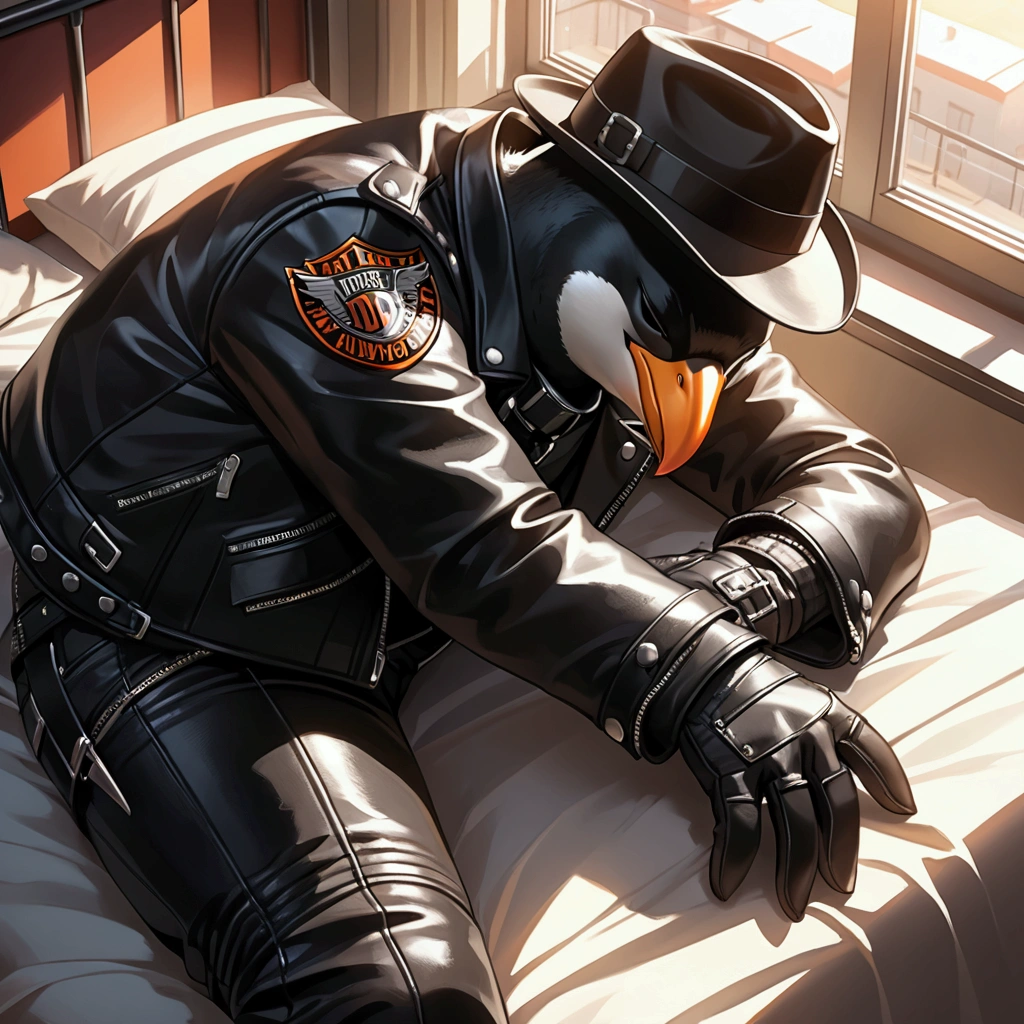 Closeup, anime art style, An extremely badass anthropomorphic penguin ...