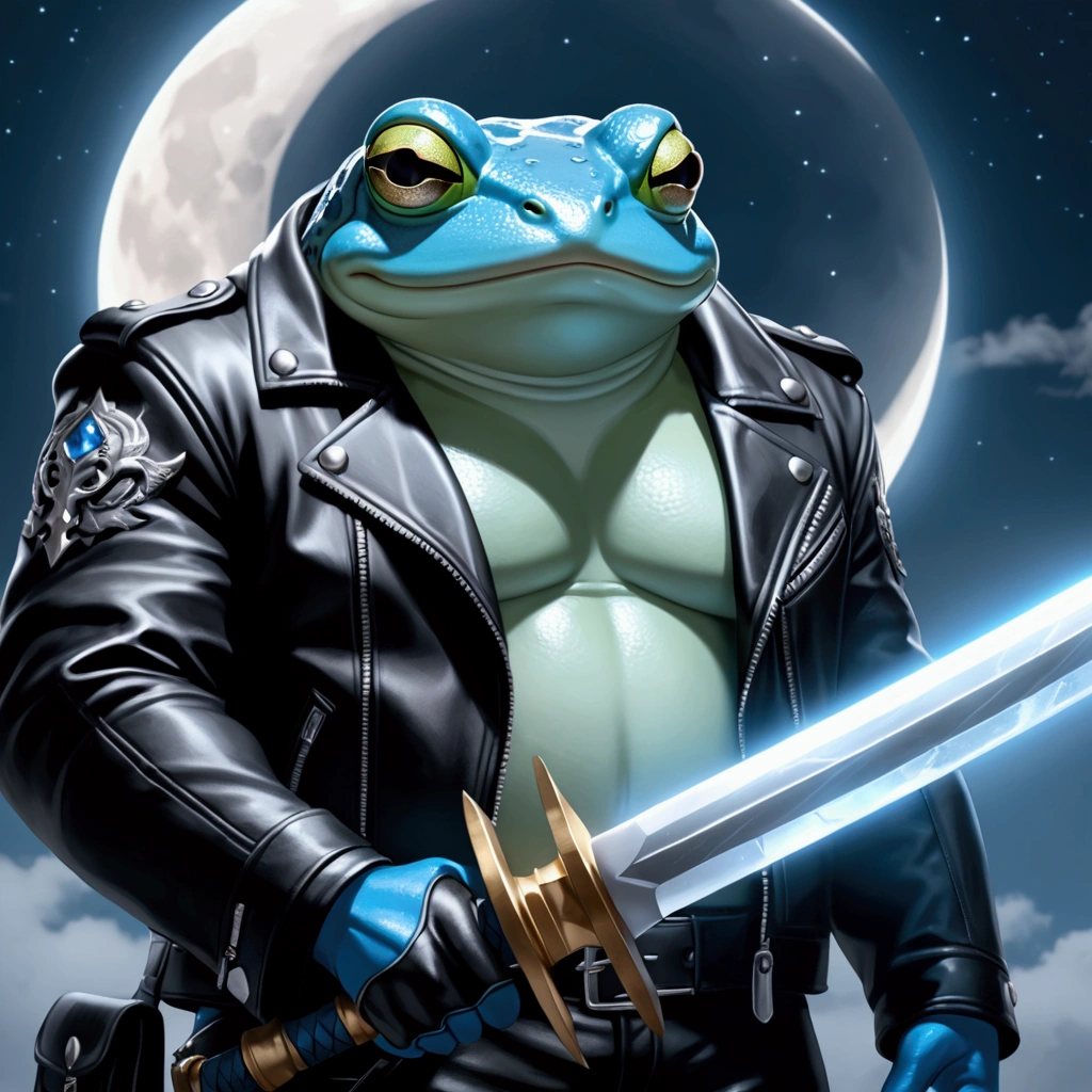 Closeup, An extremely badass light blue and white bullfrog wearing an ...